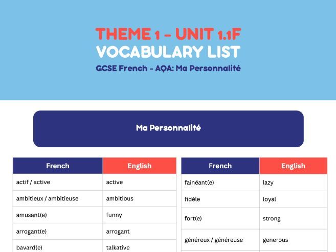 Theme 1 - Ma Personnalité Vocabulary List | Teaching Resources