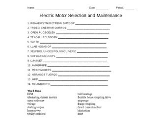 Electric Motor Selection and Maintenance Word Scramble | Teaching Resources