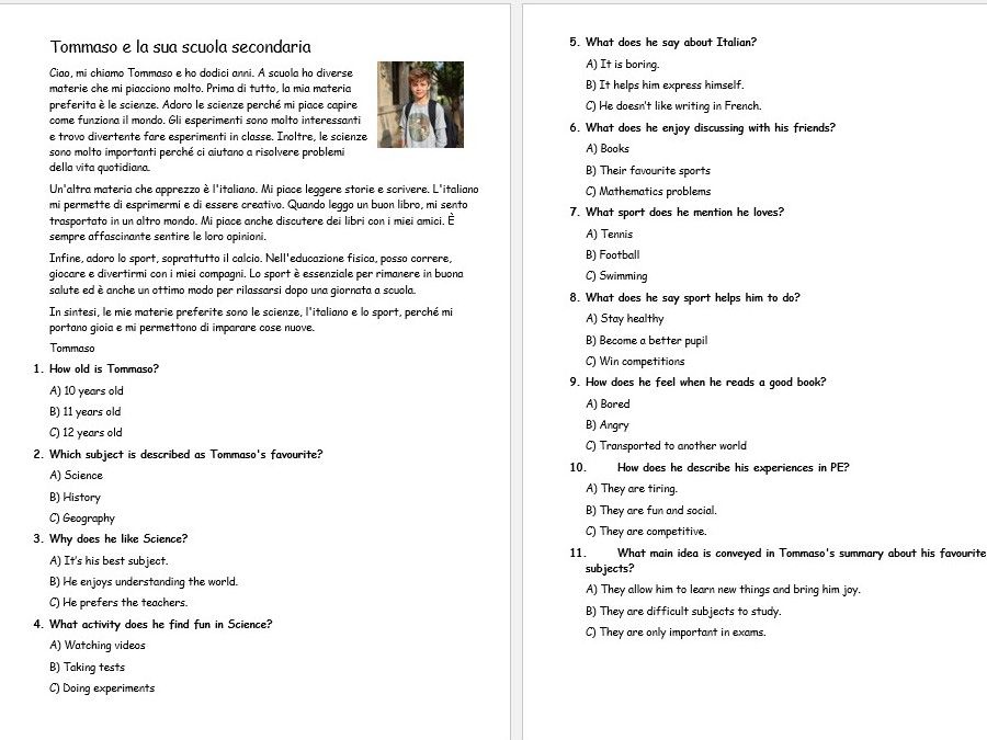 Italian - Favourite school subjects - Tommaso e la sua scuola - Reading ...
