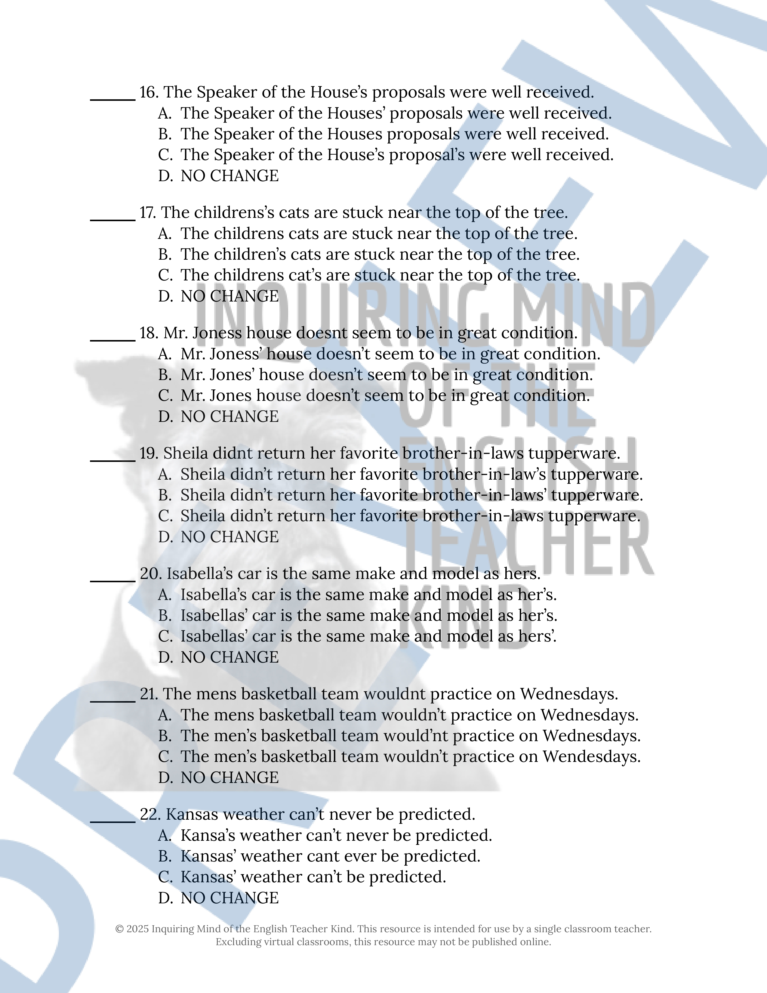 Grammar Review Practice Worksheet on Apostrophe Usage with Answer Key ...