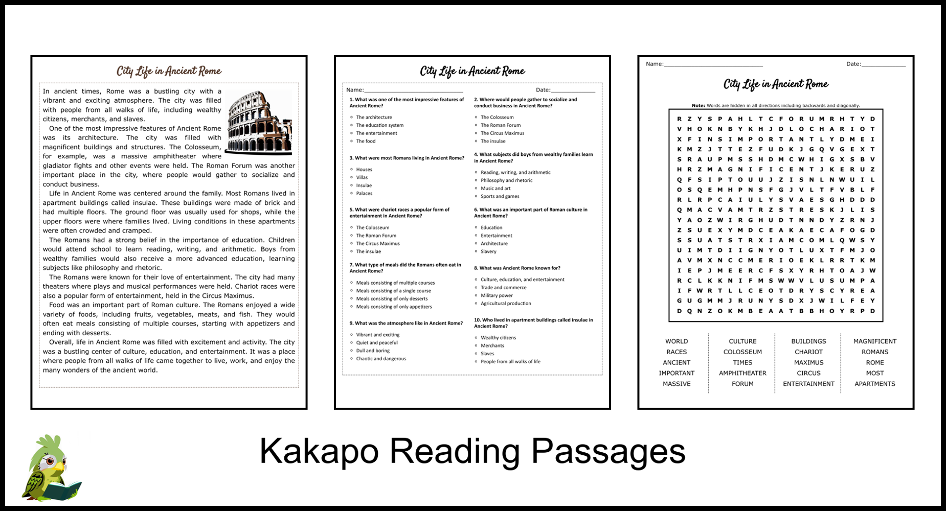 City Life in Ancient Rome Reading Comprehension and Word Search ...