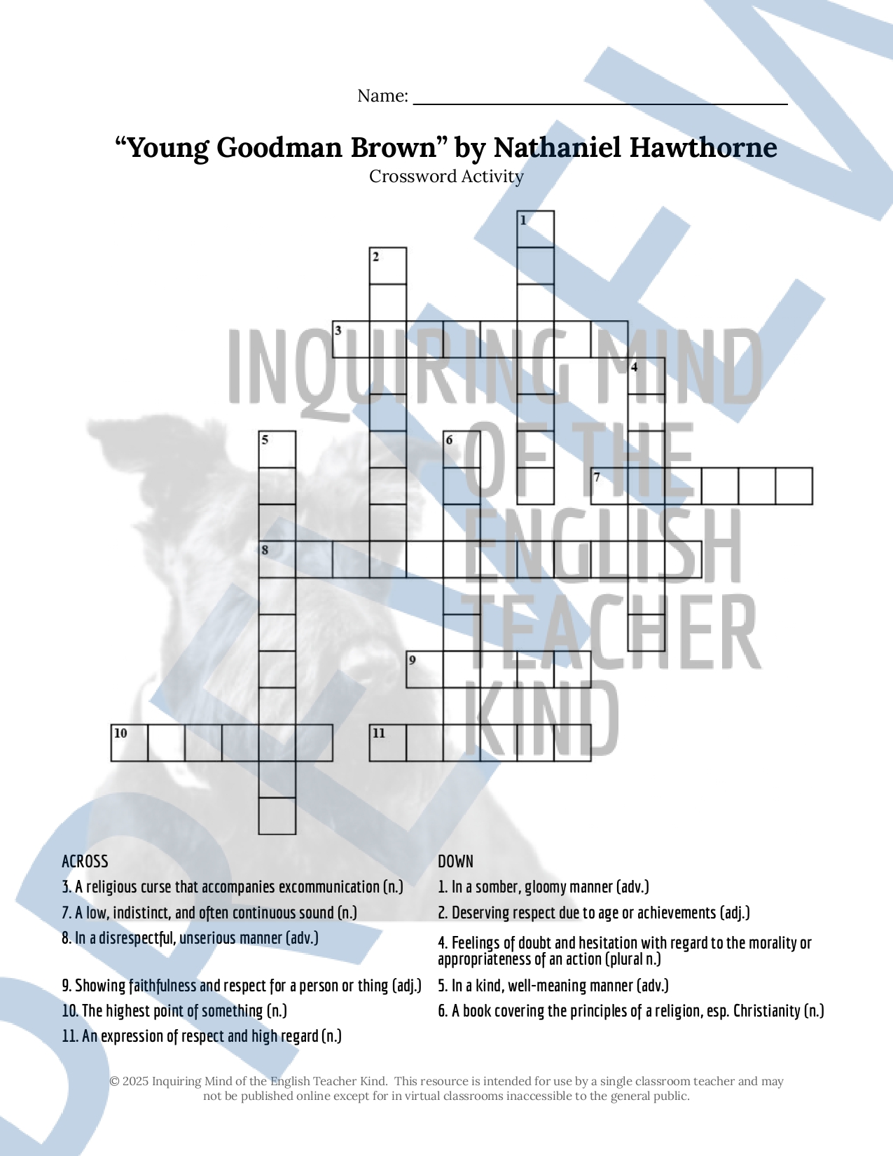 "Young Goodman Brown" by Nathaniel Hawthorne Vocabulary Games ...