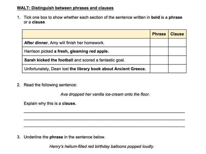 SPaG Questions: Distinguish between Phrases and Clauses | Teaching ...