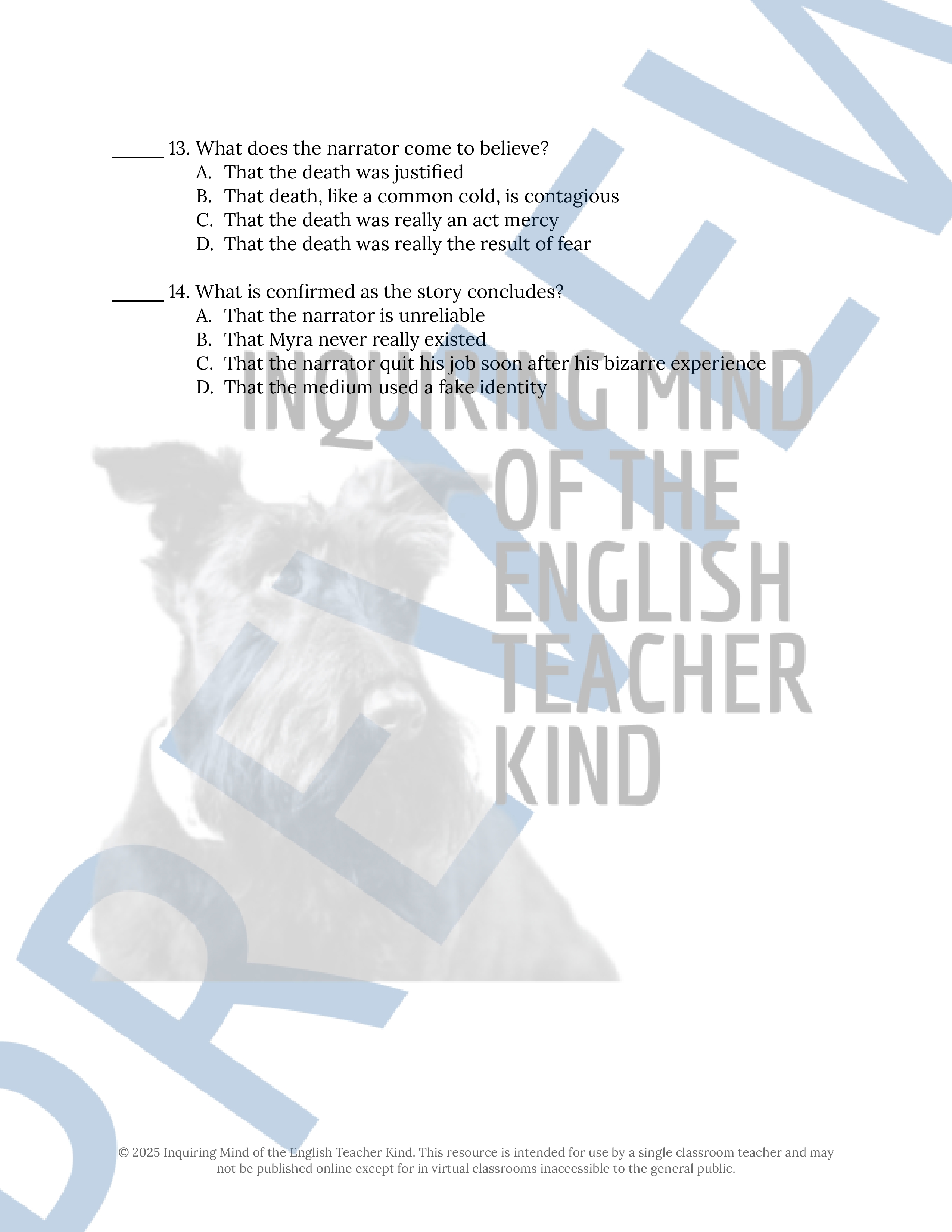 "The Seance" by Ronal Kayser Quiz and Answer Key (Halloween Horror ...