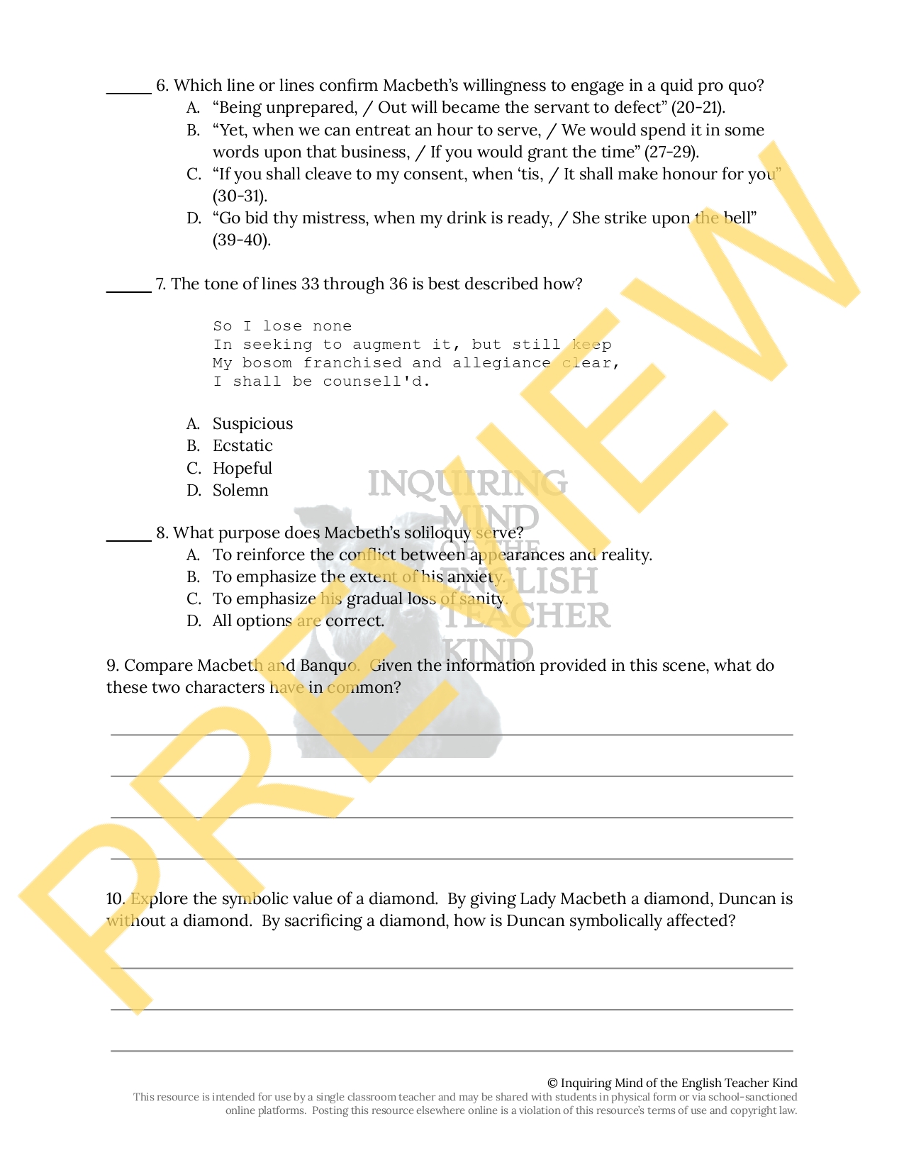 Macbeth Act 2 Scene 1 Close Reading Worksheet | Teaching Resources