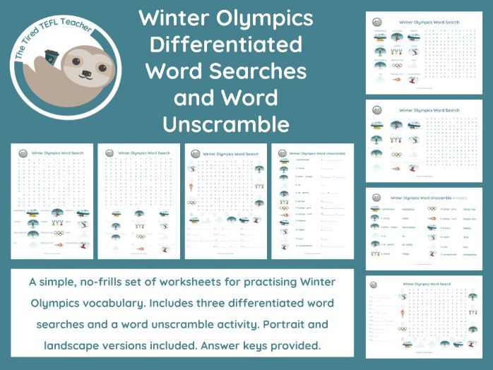 ESL Winter Olympics Differentiated Word Searches and Word Unscramble ...