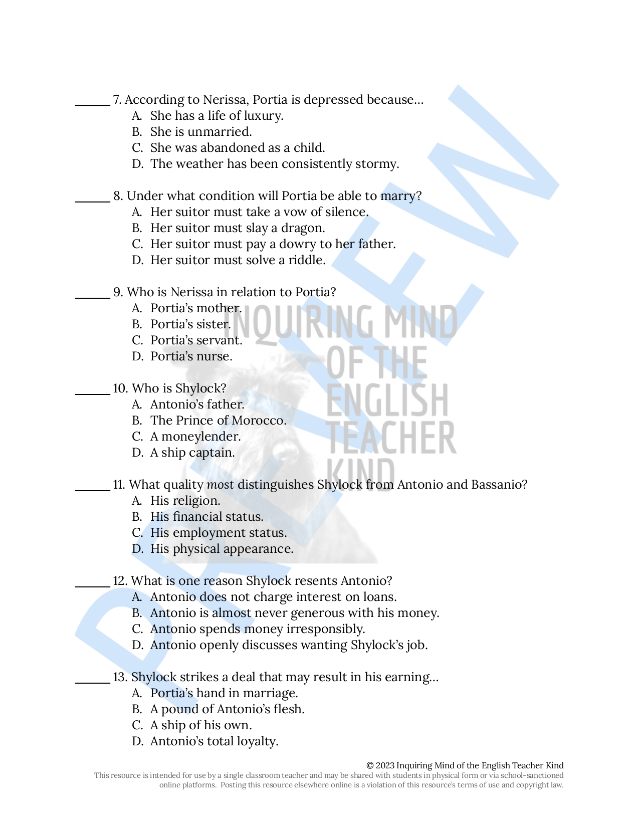 The Merchant of Venice Act 1 Quiz and Answer Key | Teaching Resources