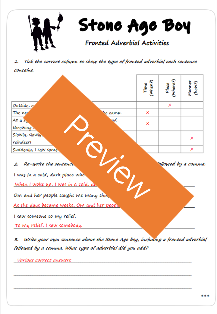 Stone Age Boy Fronted Adverbials Differentiated Worksheets & Answers ...
