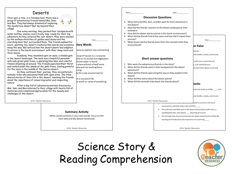 Deserts Reading Science Story Comprehension Questions Worksheet ...