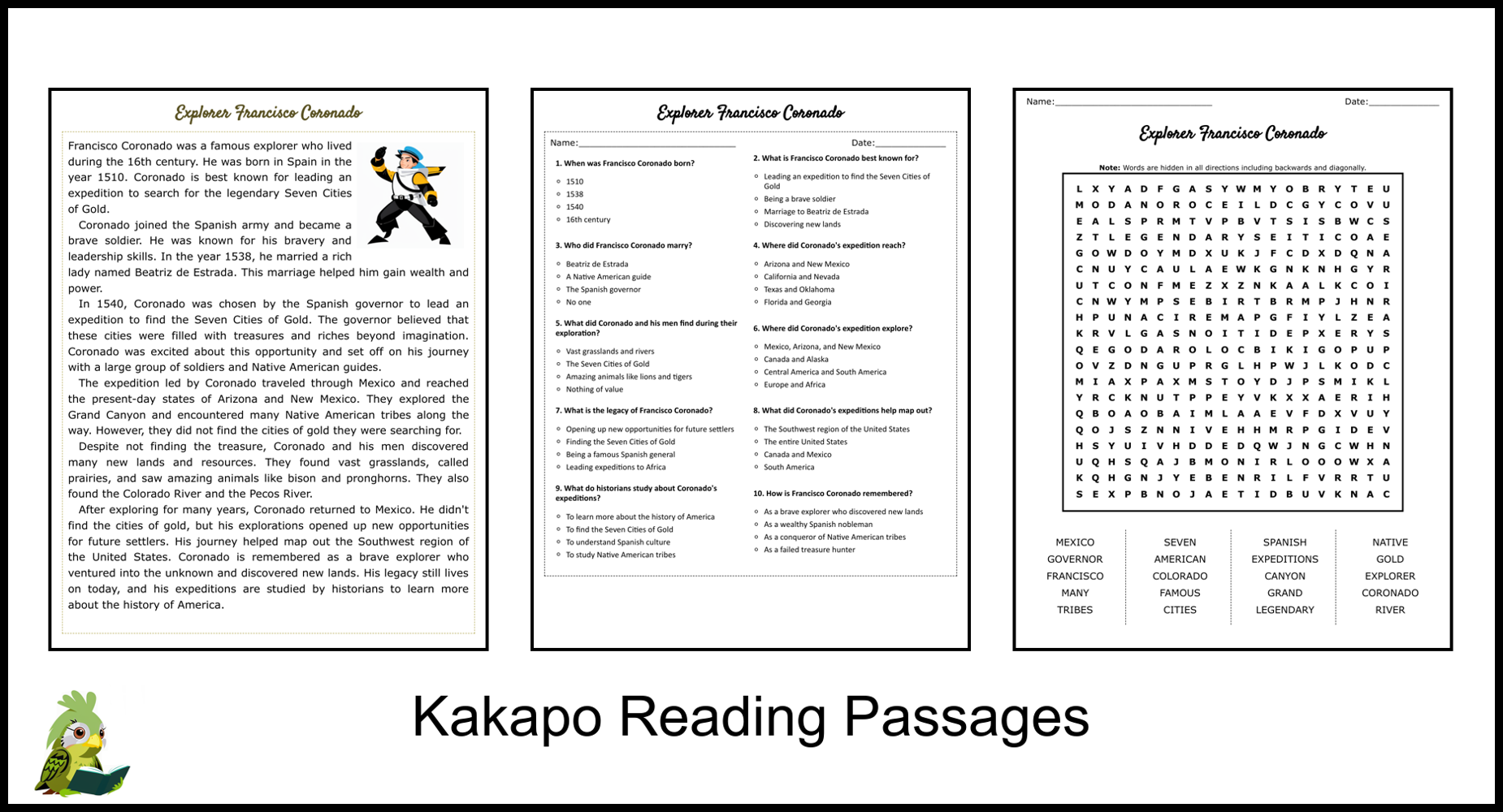 Explorer Francisco Coronado Reading Comprehension and Word Search ...