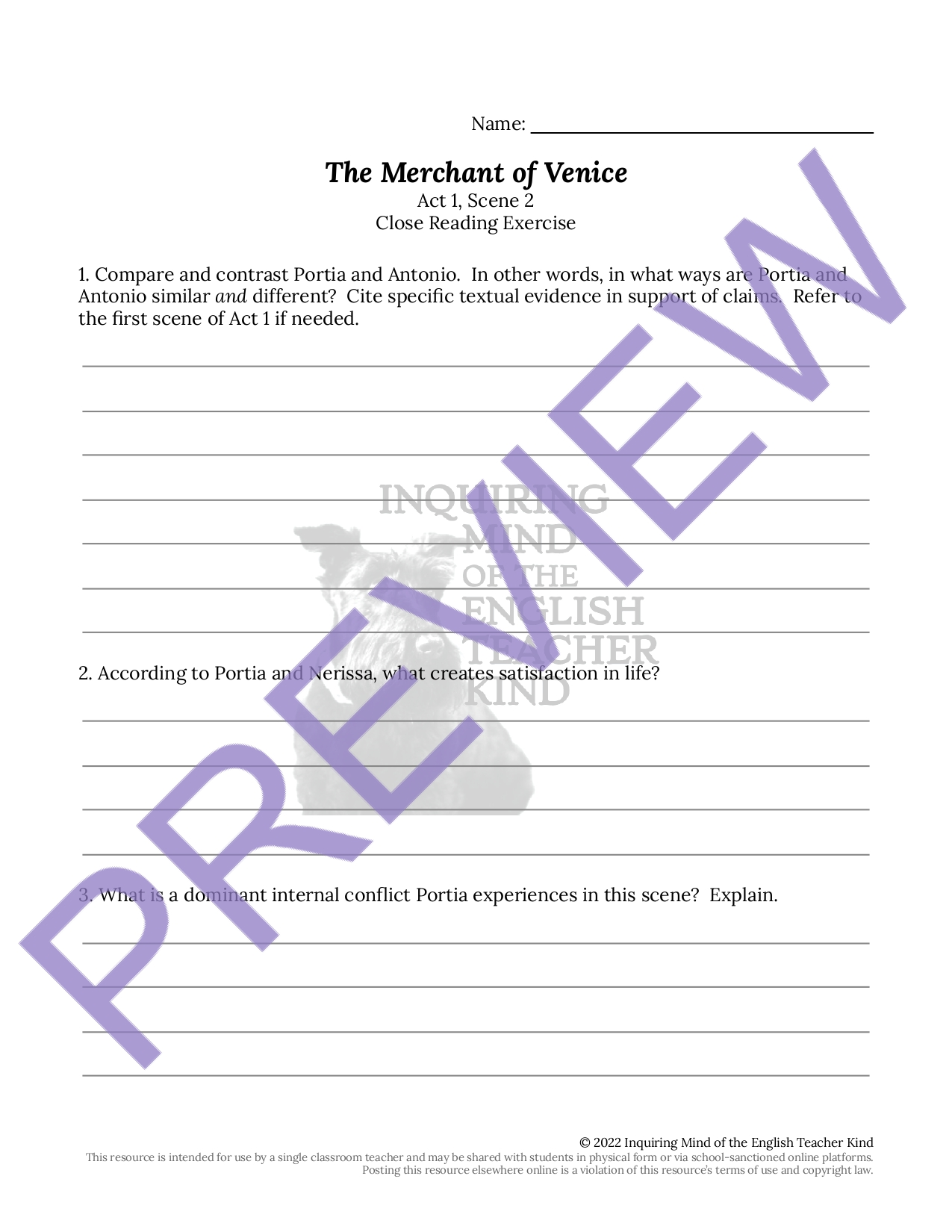 The Merchant of Venice Act 1 Scene 2 Close Reading Analysis Activity | Teaching Resources