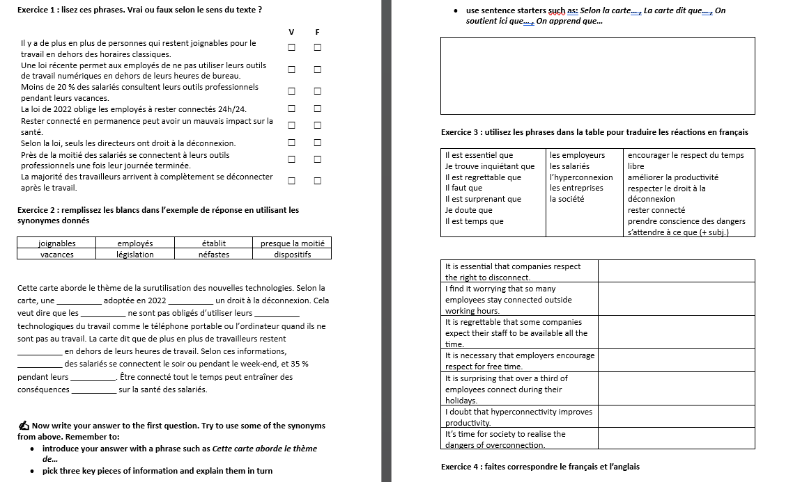 AQA A Level French stimulus card worksheet - Le droit à la déconnexion ...