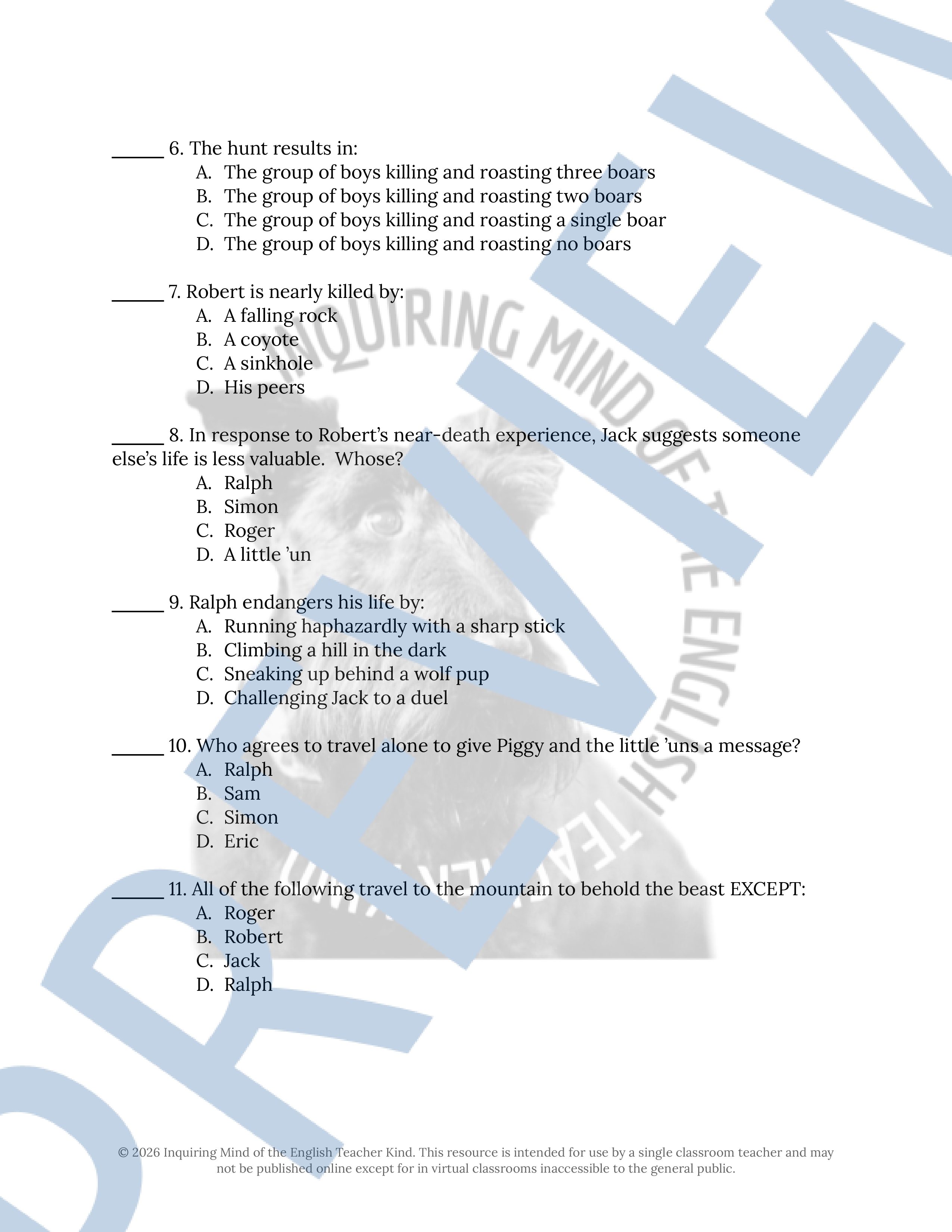 Lord of the Flies Chapter 7 Quiz and Answer Key | Guided Reading ...