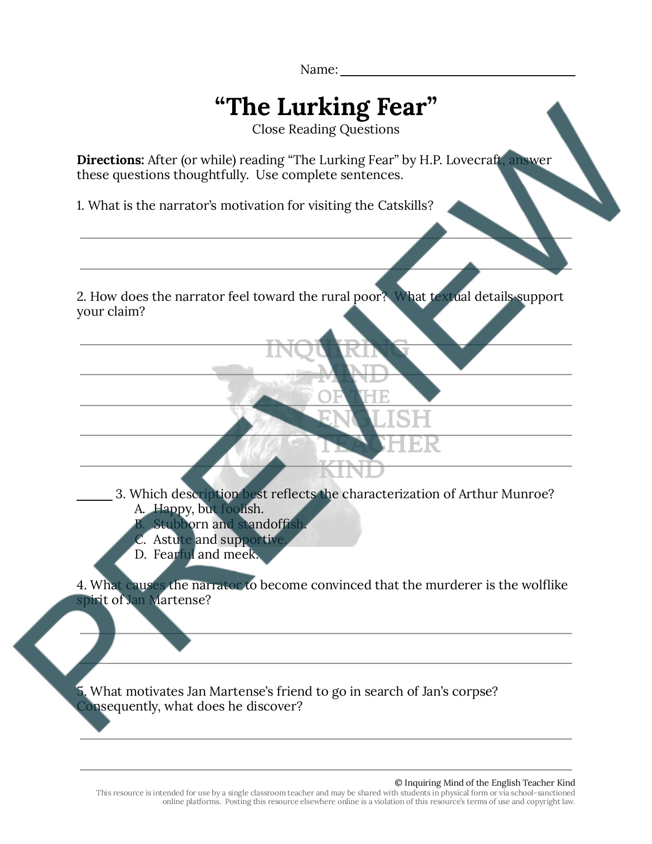 "The Lurking Fear" by H.P. Lovecraft Close Reading Worksheet | Teaching ...