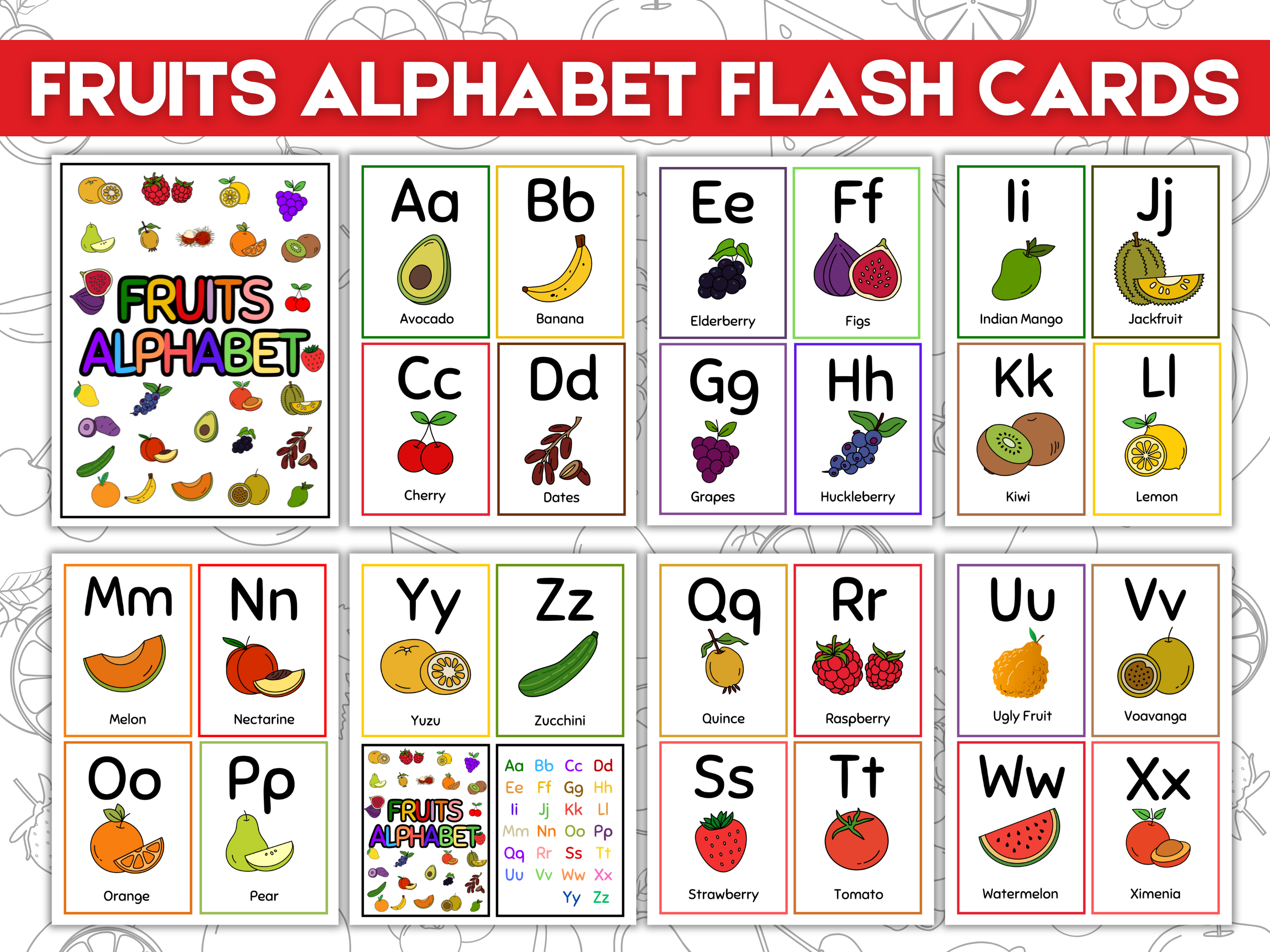 Pre School-Kindergarten Fruit Alphabet Flash Cards-DFY Just Cut Them ...