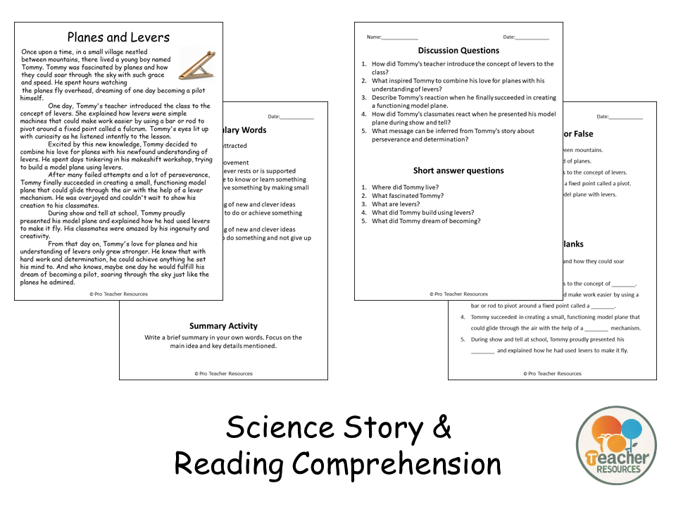 Planes and Levers Reading Science Story Comprehension Questions ...