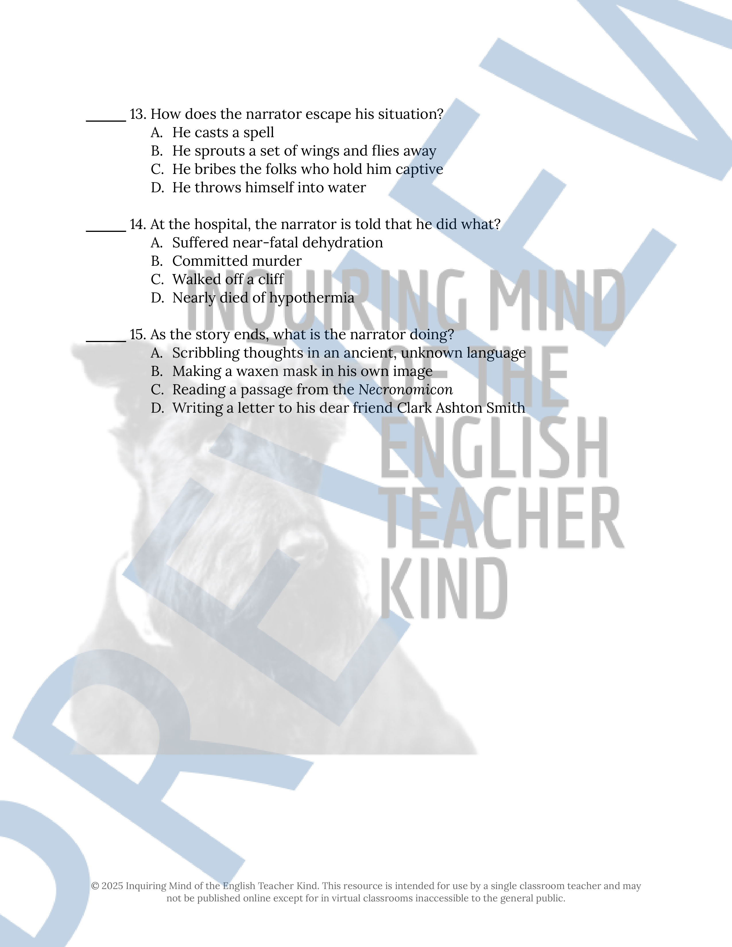 "The Festival" by H.P. Lovecraft Quiz and Answer Key | Horror Story for ...
