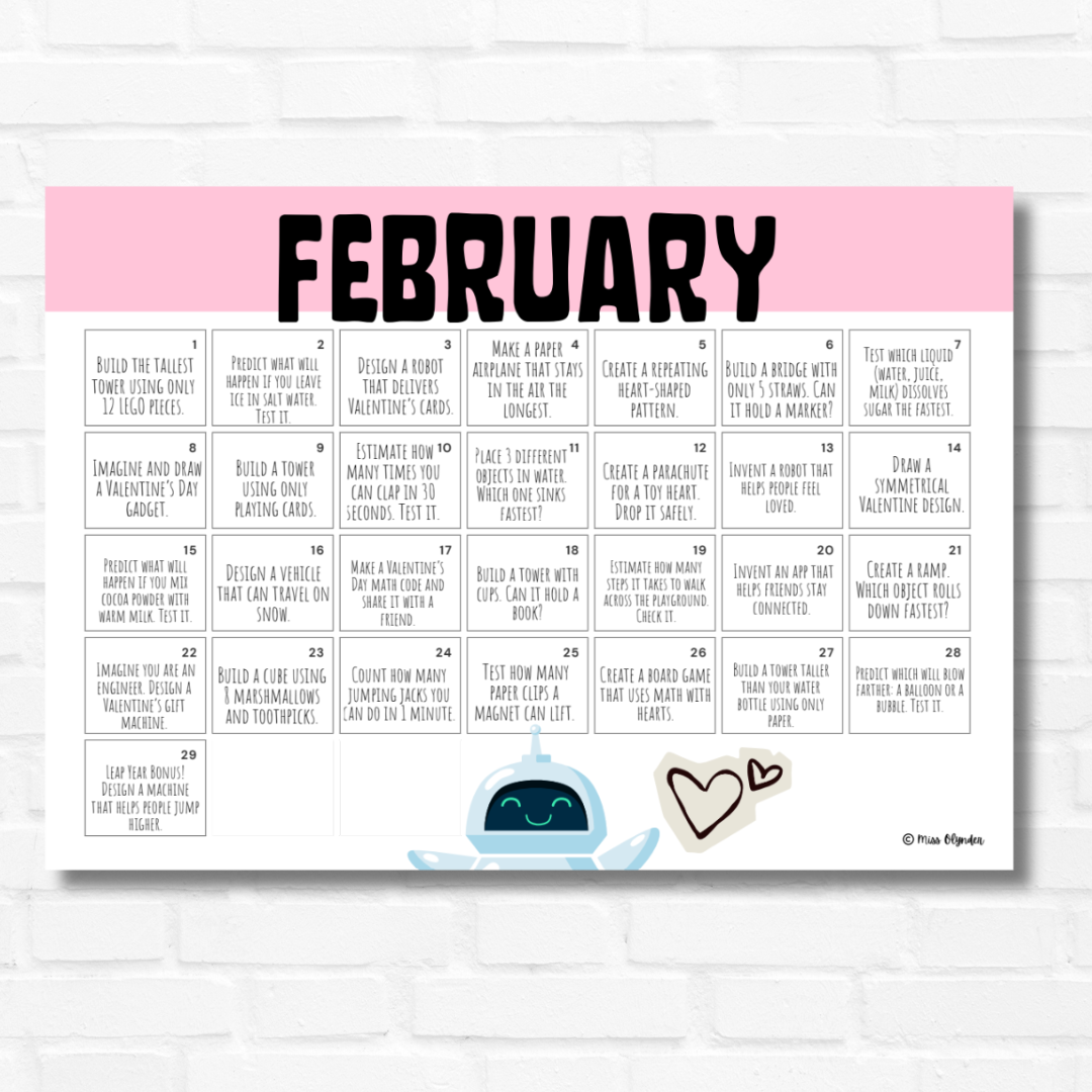 STEM Challenge Calendar – February | Daily STEM Activities for Primary ...