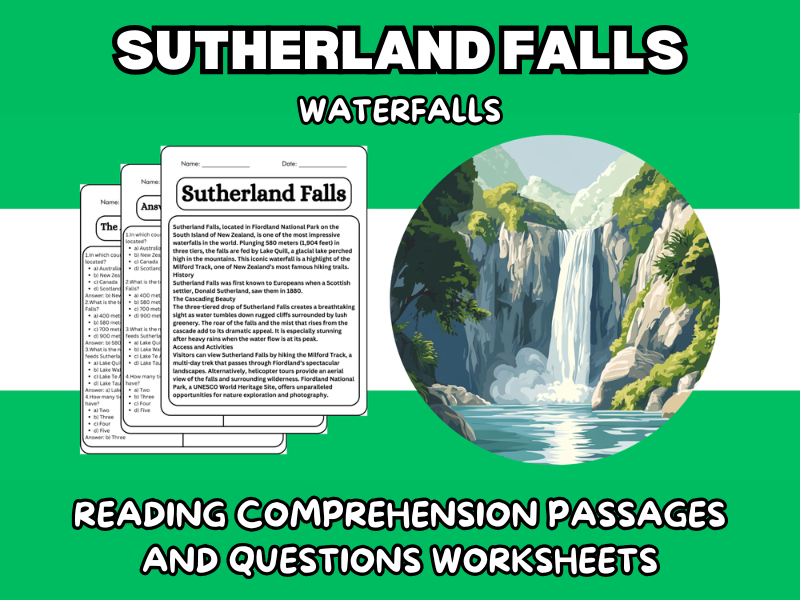 Sutherland Falls - Waterfalls Reading Comprehension Passages and ...