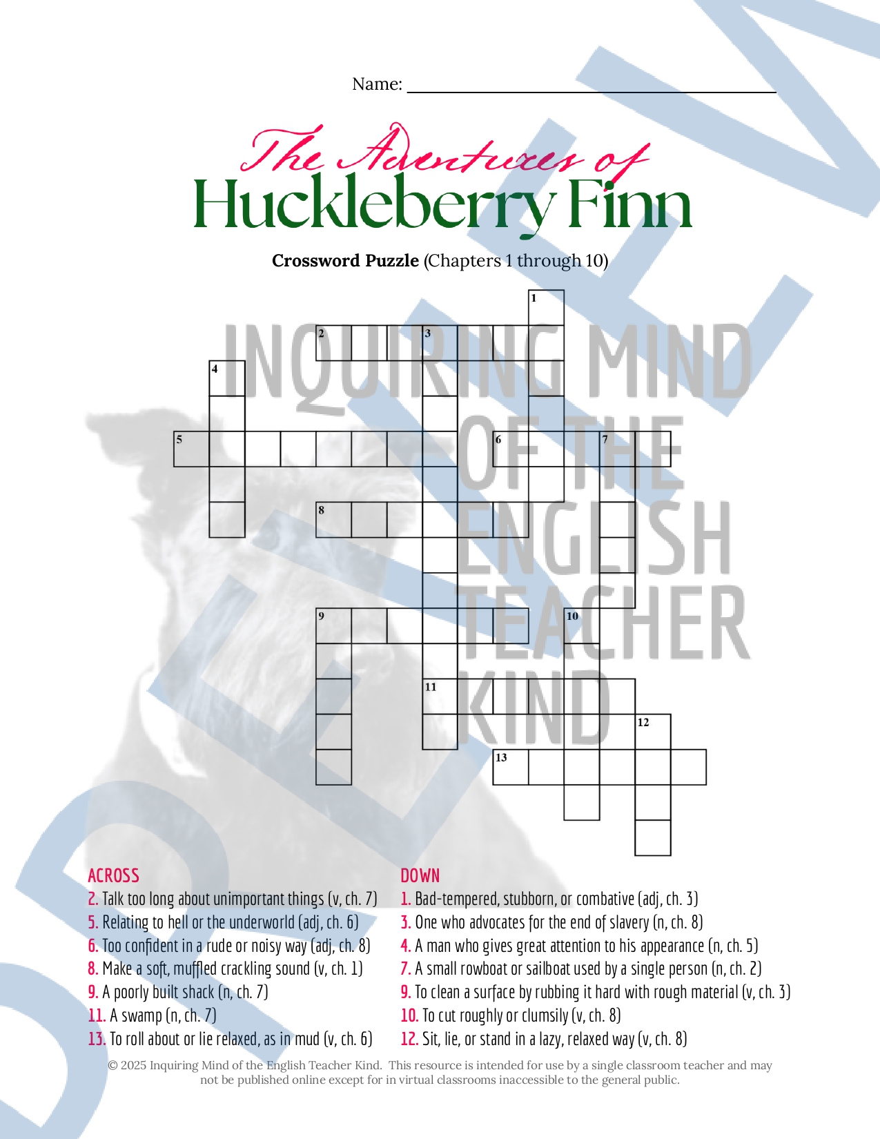 The Adventures of Huckleberry Finn Chapters 1 through 10 Vocabulary ...