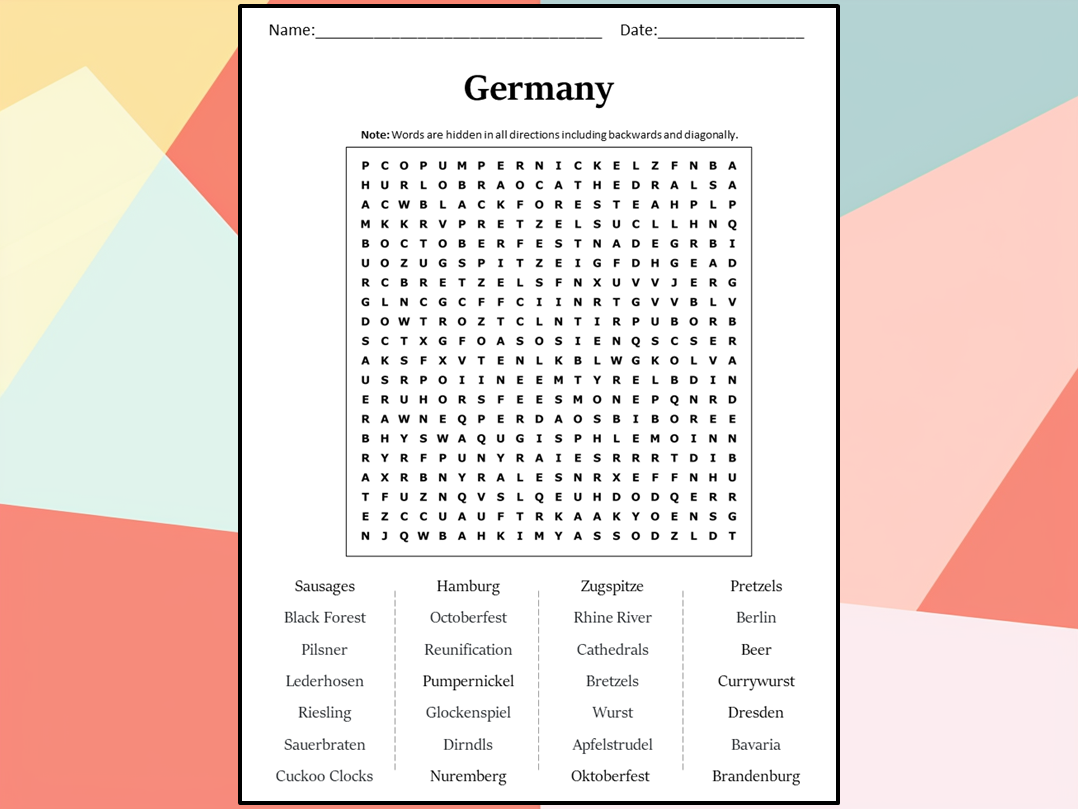 Germany Word Search Puzzle Worksheet Activity | Teaching Resources