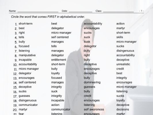 Bad Bosses Alphabetical Order Worksheet Teaching Resources