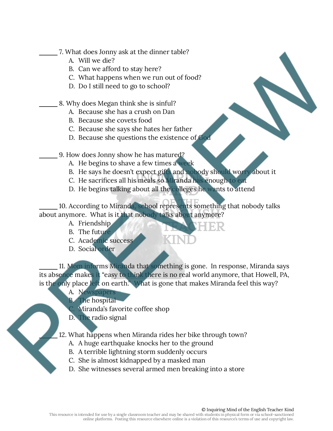 Life As We Knew It Chapters 8 through 10 Quiz and Answer Key | Teaching ...
