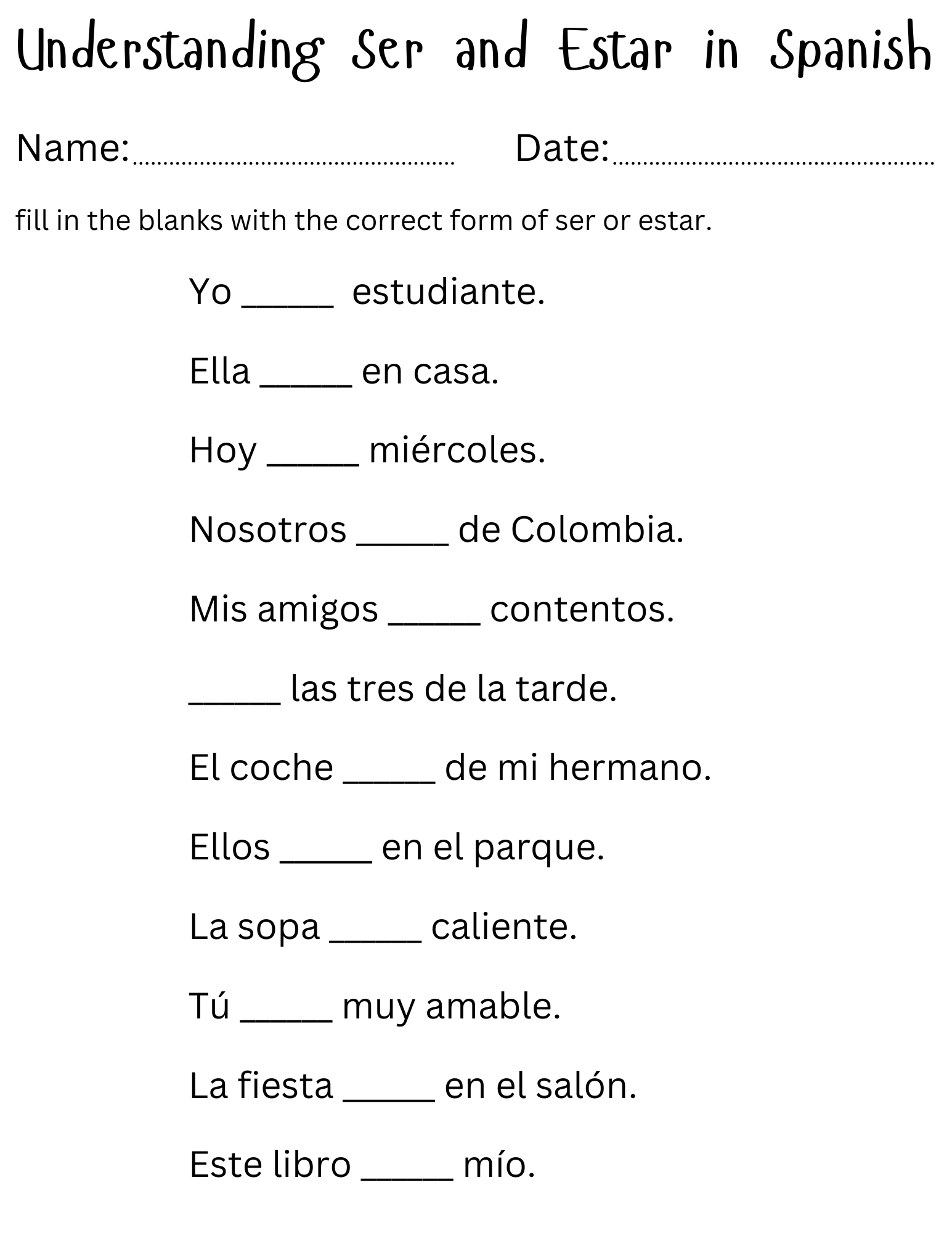 Worksheet Ser Vs Estar Answers Worksheet Ser Vs Estar Answers