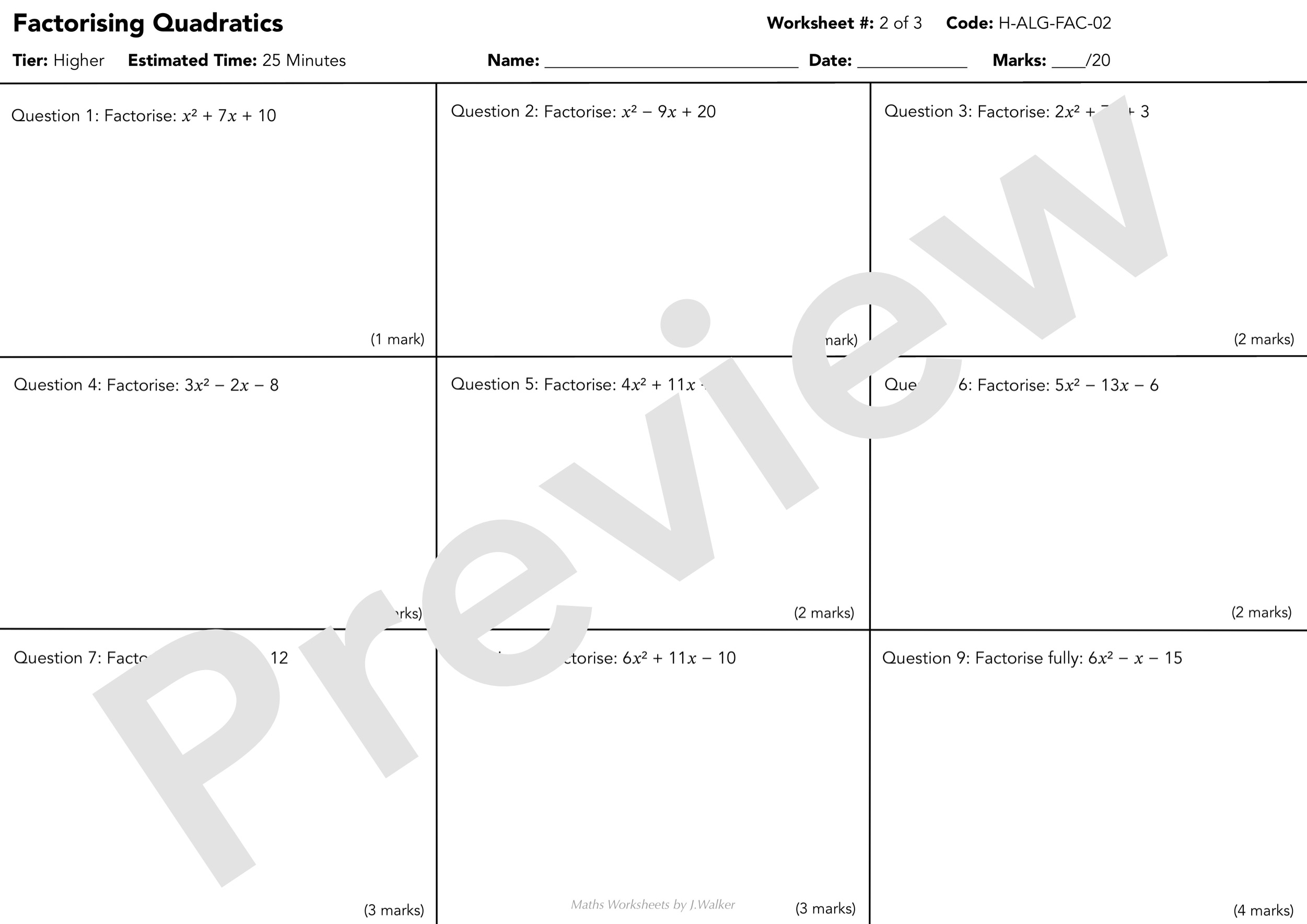 Gcse Maths Worksheet Factorising Quadratics Higher Tier Teaching Resources