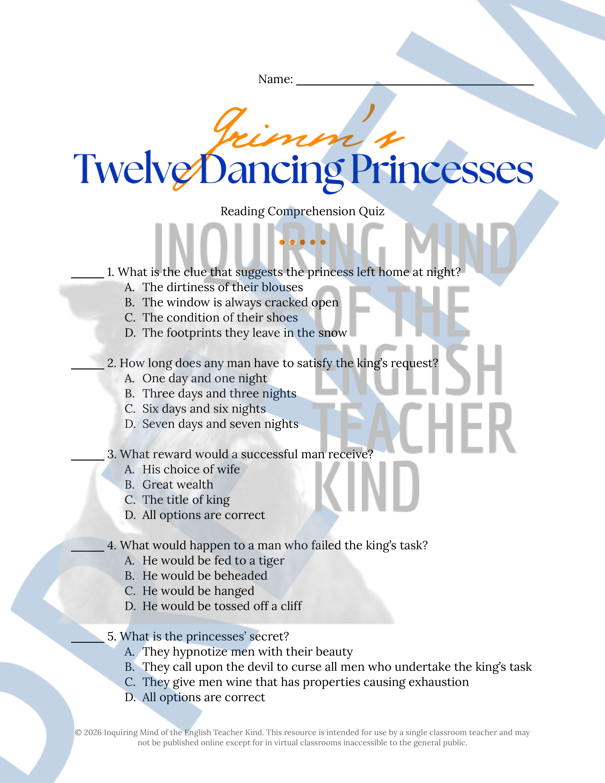 "The Twelve Dancing Princesses" by the Brothers Grimm Quiz and Answer ...