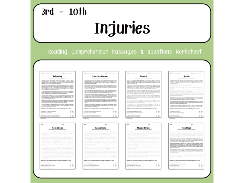 Injuries: Reading Comprehension Passages & Questions Worksheets Bundle ...