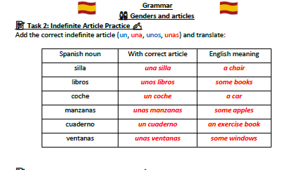 Spanish Grammar – Genders and Articles | KS3 Worksheet + Teacher ...
