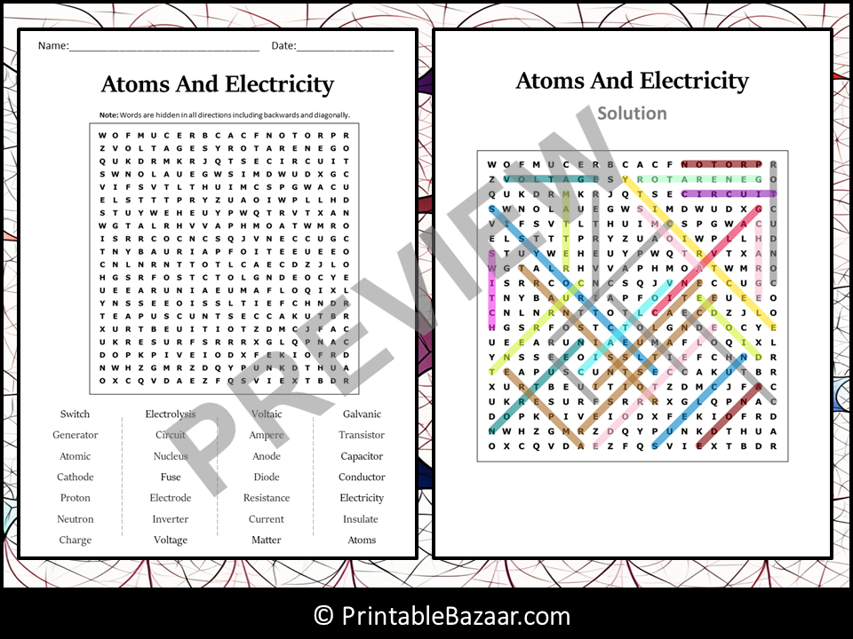 Atoms And Electricity Word Search Puzzle Worksheet Activity | Teaching ...
