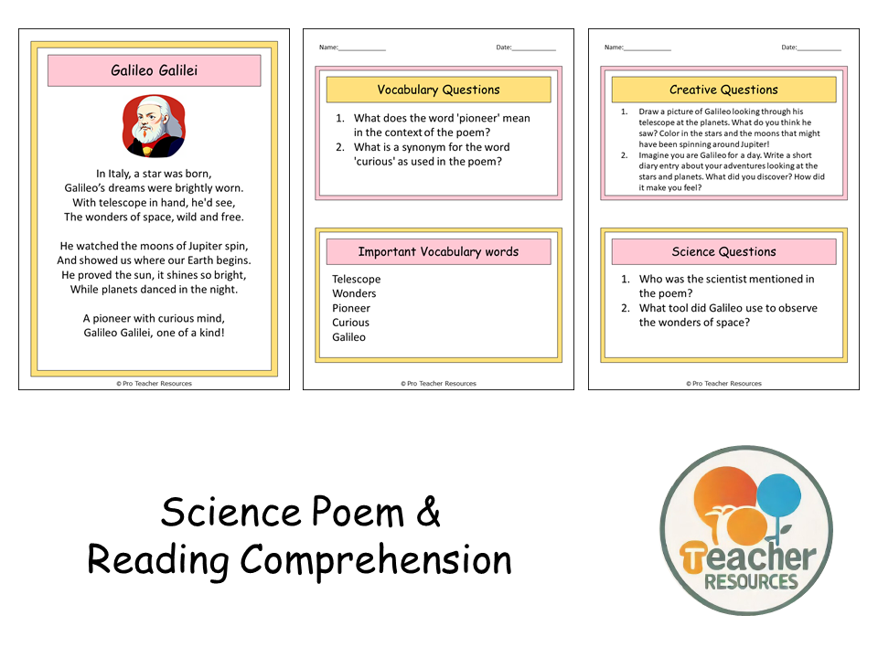 Galileo Galilei Poem Reading Comprehension Questions Worksheet ...