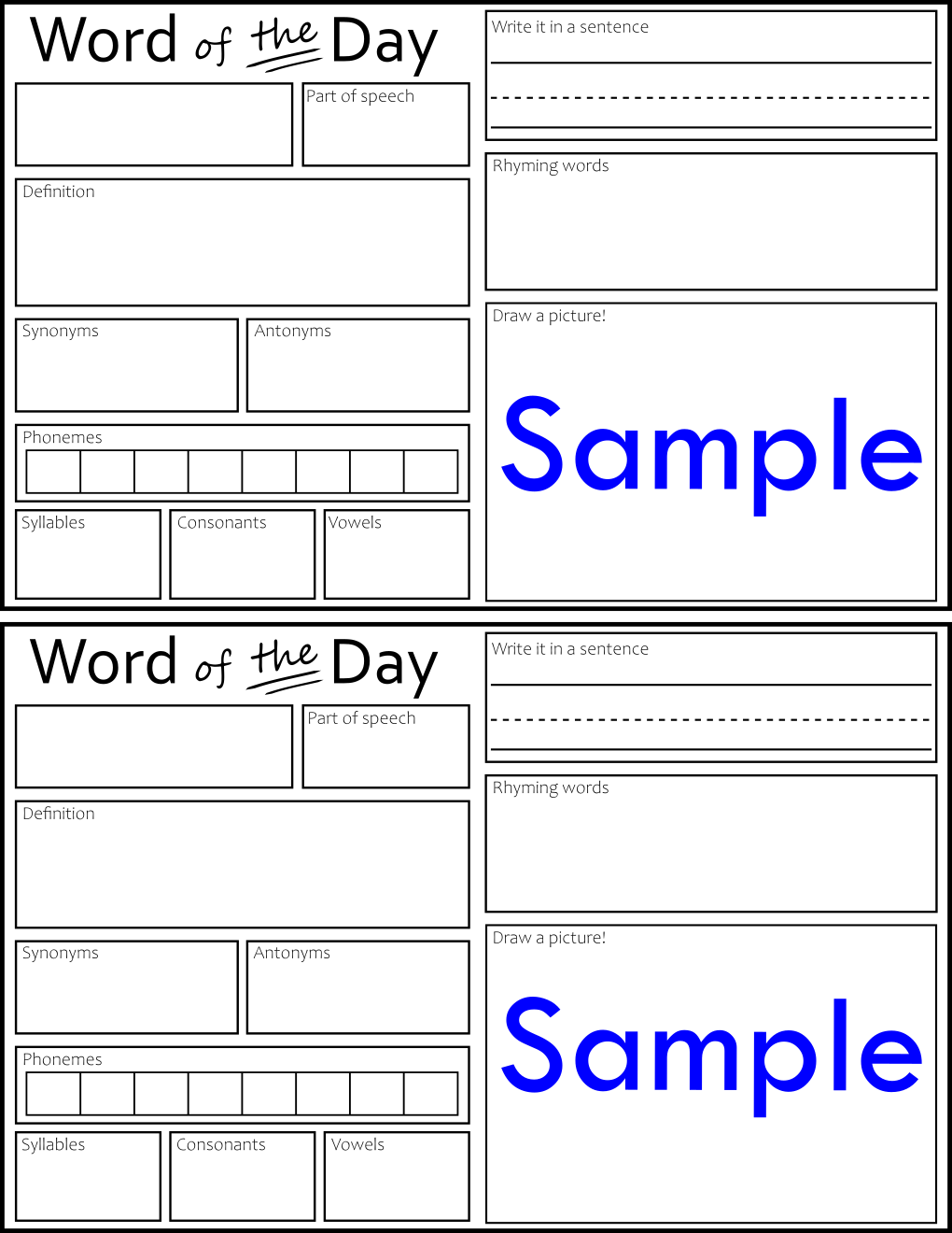 Blank Word of the Day Vocabulary Templates - Printable | Teaching Resources