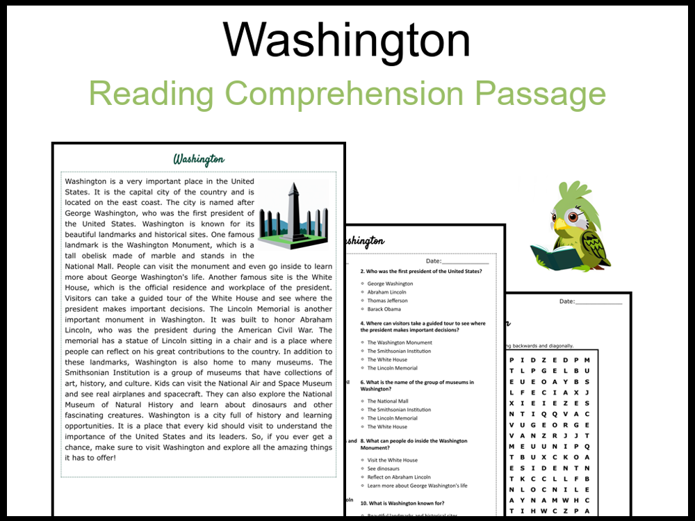 Washington Reading Comprehension and Word Search | Teaching Resources