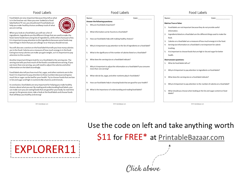 Food Labels Reading Comprehension Passage Printable Worksheet ...