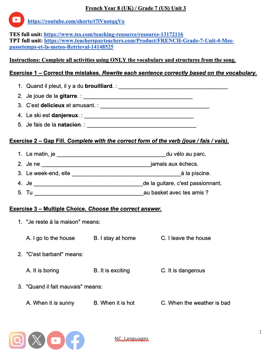 04. FRENCH SONG Year 8. Unit 4: La météo et les passe-temps (Lyrics ...