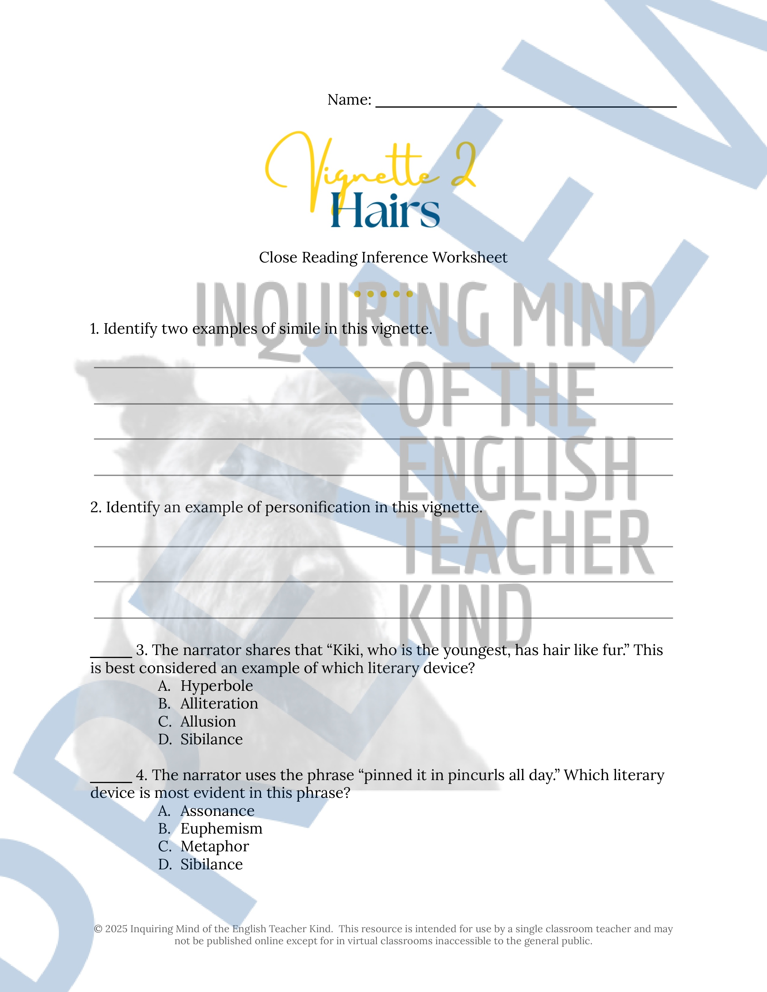 The House on Mango Street "Hairs" Close Reading Inference Worksheet ...