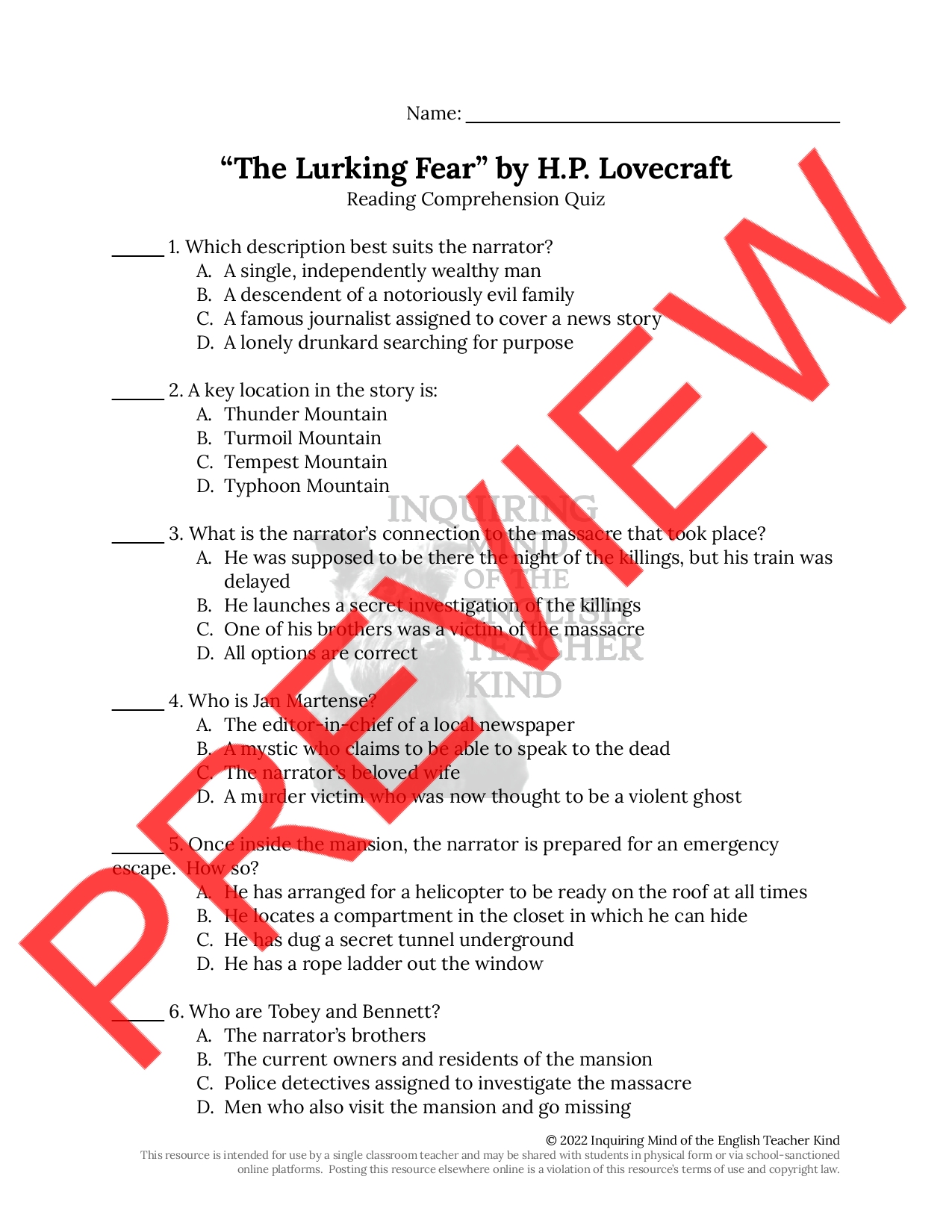 “The Lurking Fear” by H.P. Lovecraft Quiz and Answer Key | Teaching ...