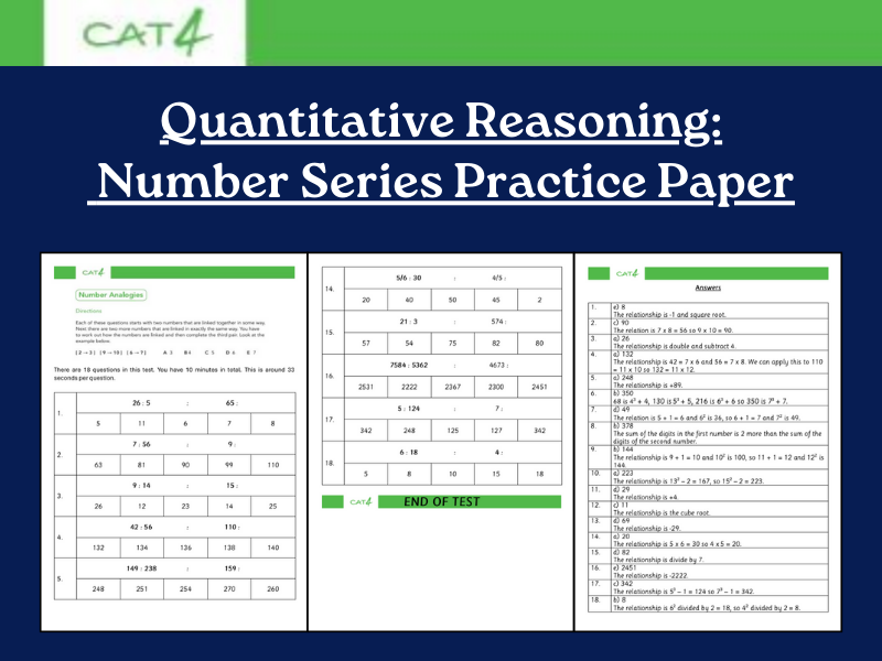 CAT4 Quantitative Reasoning: Number Series Practice Paper | Teaching ...