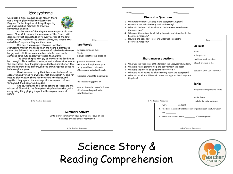 Ecosystems Reading Science Story Comprehension Questions Worksheet ...