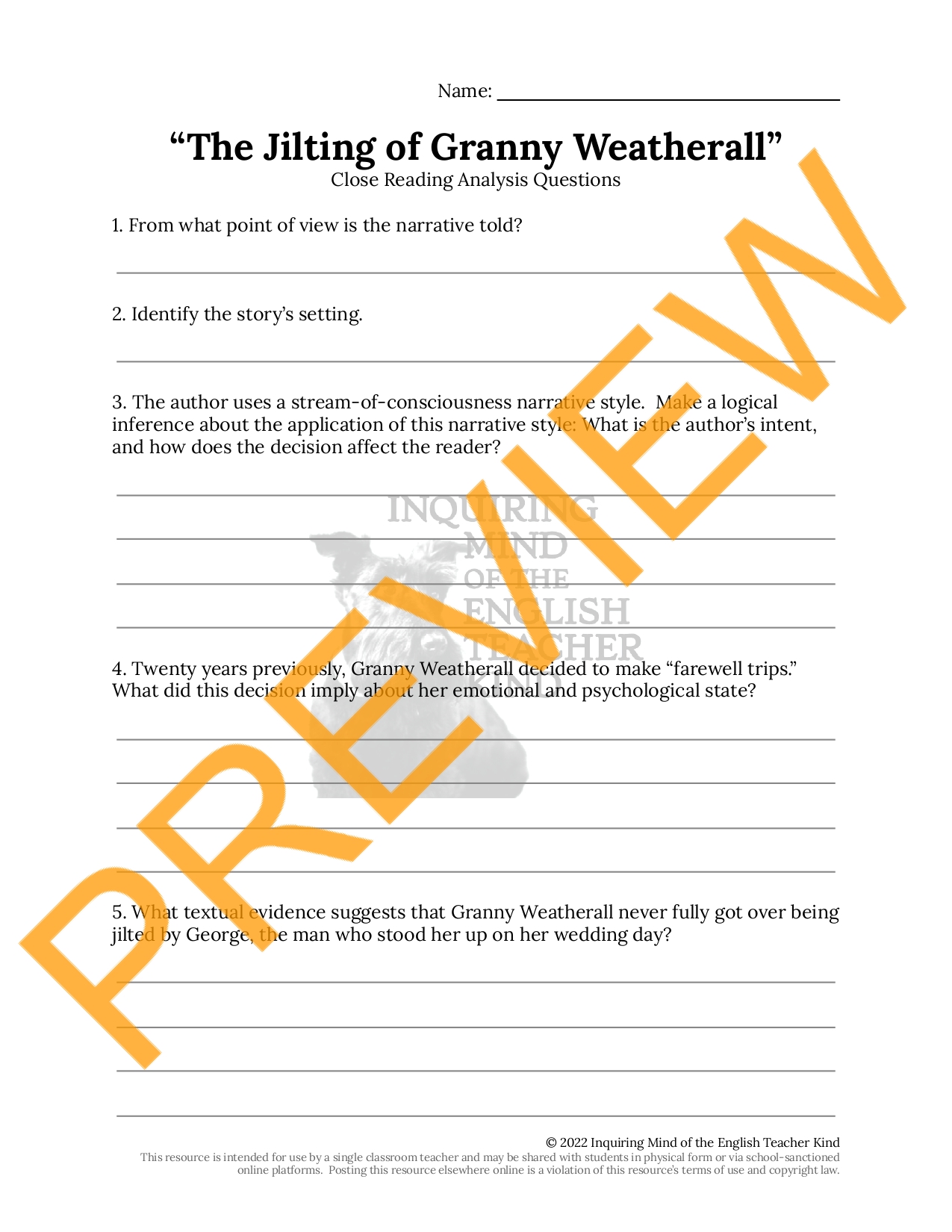 “The Jilting of Granny Weatherall” Close Reading Analysis Worksheet ...