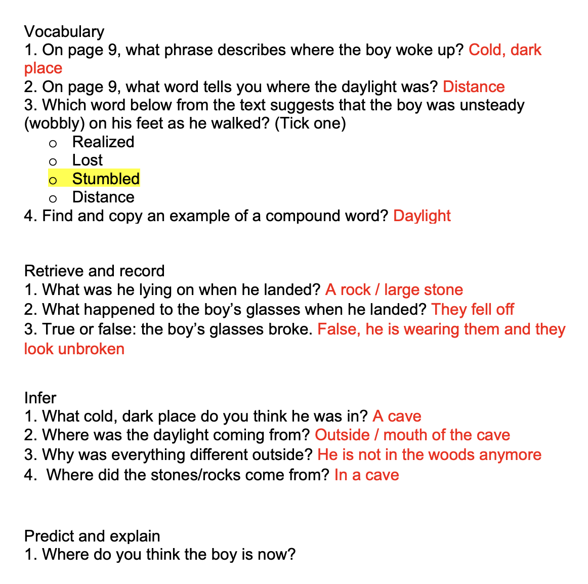 Stone Age Boy Comprehension Questions and Answers | Teaching Resources