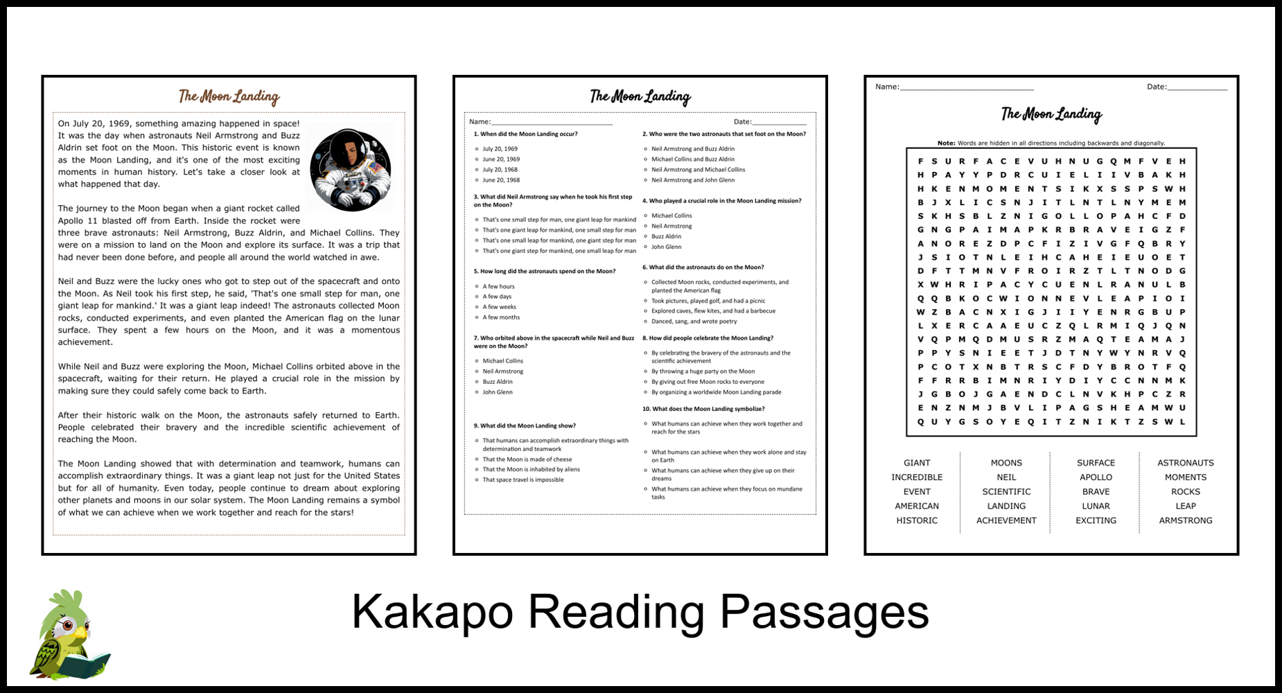 The Moon Landing Reading Comprehension and Word Search | Teaching Resources