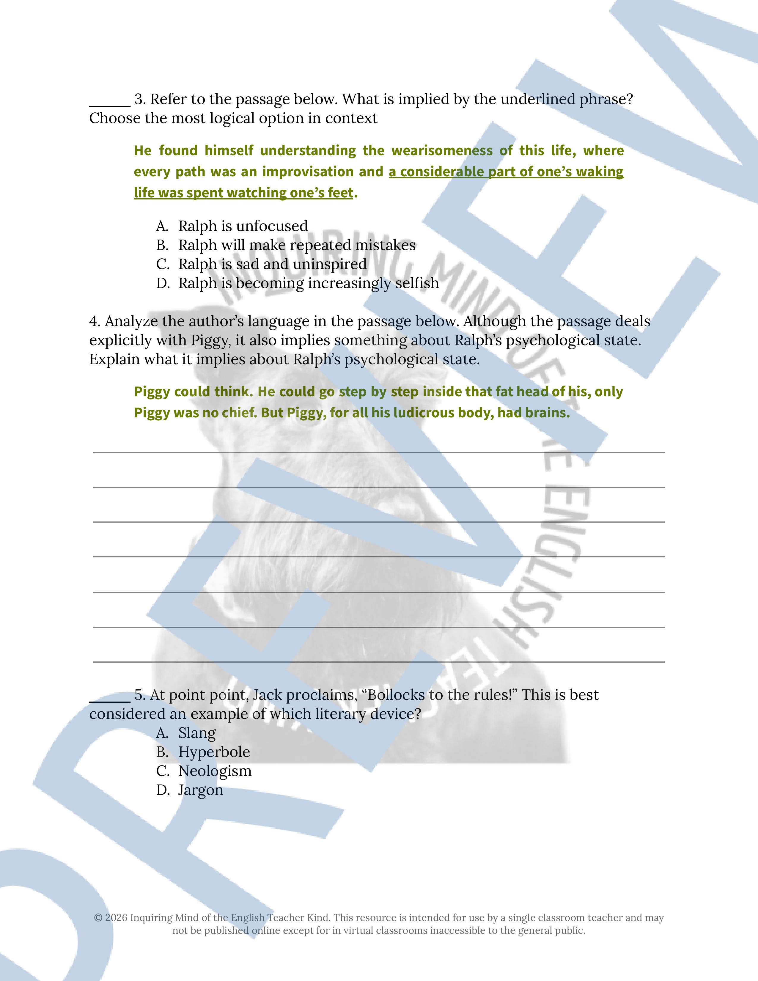 Lord of the Flies Chapter 5 Close Reading Analysis Worksheet | Teaching ...