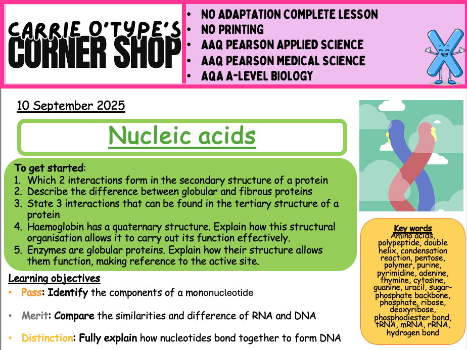 Nucleic Acids - AAQ Pearson Applied / Medical Science and AQA A-Level Biology | Teaching Resources