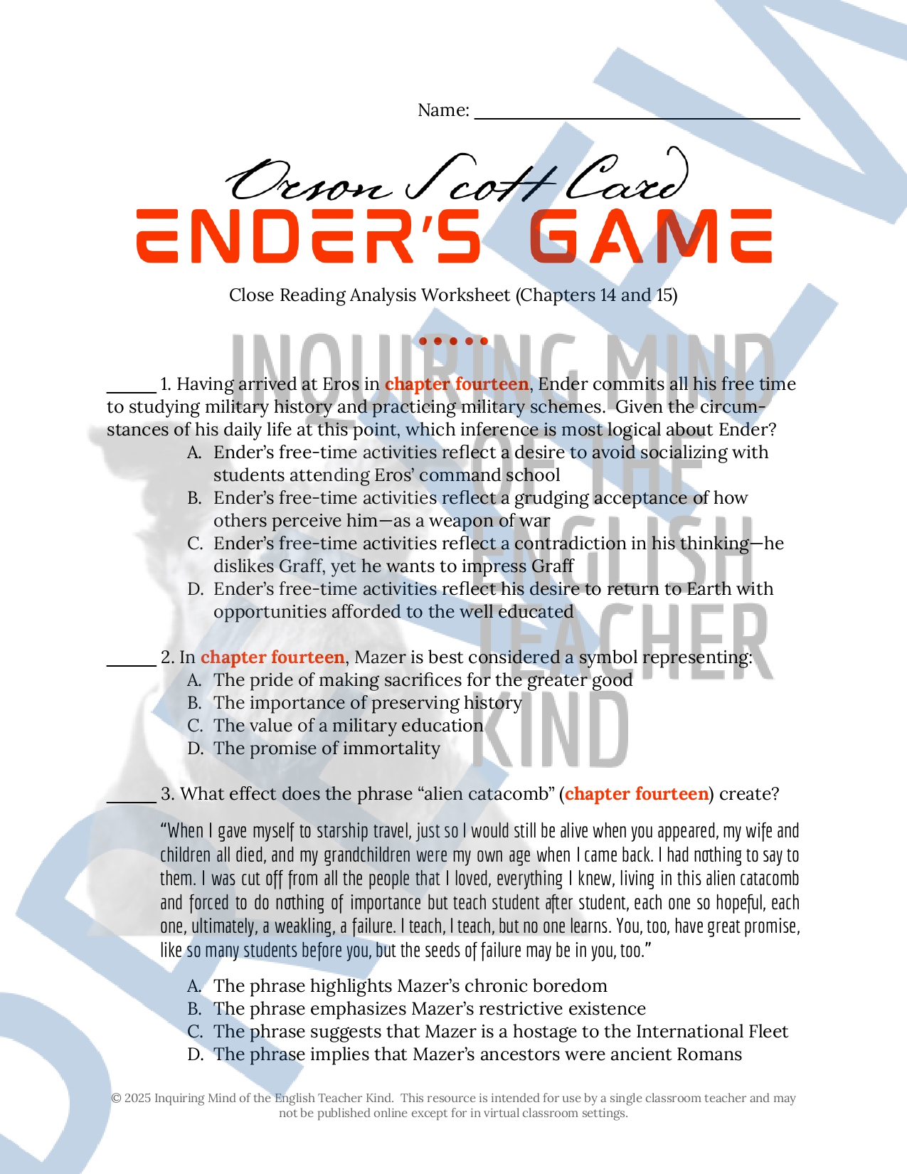 Ender's Game Chapters 14 and 15 Close Reading Analysis Worksheet ...