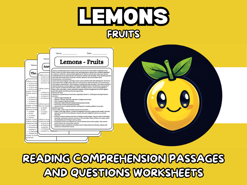 Lemons - Fruits Reading Comprehension Passages and Questions Worksheets ...