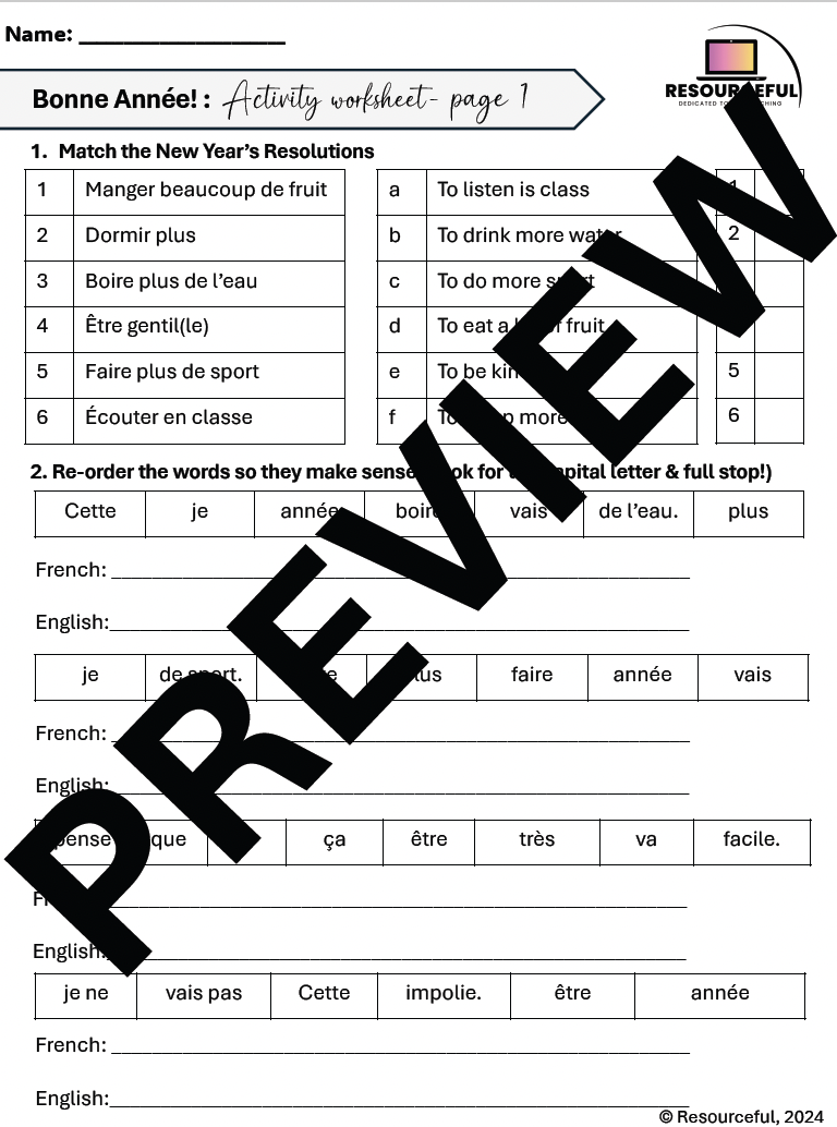 French New Year's Resolutions Activity Worksheets (x3!) | Teaching ...